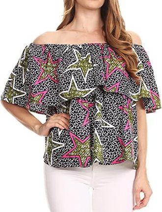 Sakkas 2162 - Imani Colorful Wax Africaine Ankara Off-épaule Blouse Top Gorgeous - Noir Multi/étoiles - OS
