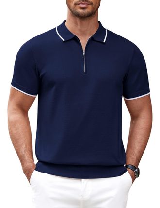 Coofandy Herren-Poloshirt mit Reißverschluss, lässig, gestrickt, kurzärmelig, Klassische Passform, Marineblau, XX-Large