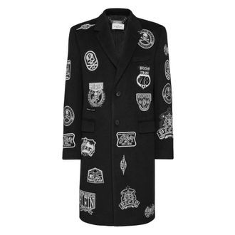 Philipp Plein Homme, Manteaux, Noir, Taille: 3XL Manteau Long en Laine Avec &Eacute;cussons