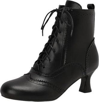 Generic Bottes victoriennes pour femme, bottes de style victorien à lacets, chaussures montantes tendance rétro à fermeture éclair latérale, talon bloc et bou