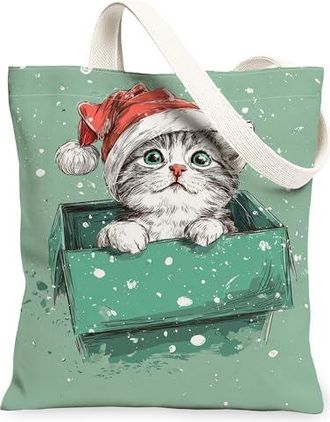 Generic Sacs fourre-tout en toile avec motif chat de No&euml;l, motif f&eacute;lin mignon, sacs d&eacute;picerie r&eacute;utilisables, l&eacute;gers et lavables avec bandouli&egrave;re pour le shopp
