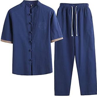 Generic Ensemble t-shirt et short en lin et coton pour homme, couleur unie, ensemble de surv&ecirc;tement &agrave; manches courtes, t-shirt ample avec cordon de serrage, t