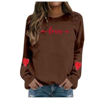 Generic Chemise de Saint-Valentin 2026 pour femmes, T-shirts d&eacute;contract&eacute;s &agrave; manches longues en forme de coeur, hauts pour amoureux, caf&eacute;, XXL