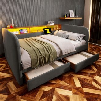 Generic Polsterbett 140x190 cm mit LED & USB-C Ladefunktion - Hellbeige Leinen mit 2 Schubladen & Stauraum-Kopfteil - Tagesbett ohne Matratze (Grey + Linen + 