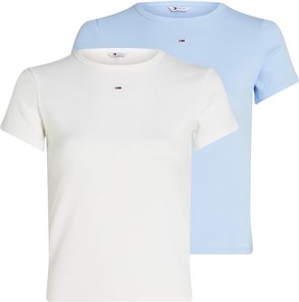 Tommy Jeans Damen 2er Pack T-Shirts Kurzarm Essential Rib Slim Fit, Mehrfarbig (Ecru/Sweet Blue), XXS