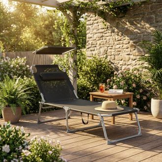 Songmics Transats Pliants Ext&eacute;rieur, Appui-T&ecirc;te, Dossier et Pare-Soleil R&eacute;glables, pour Balcon, Terrasse, Lot de 2, Noir