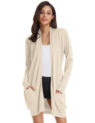 Grace Karin Damen Strickjacke Langarm Offene Strickmantel Lang Casual High Stretchy Cardigan mit Taschen Beige S