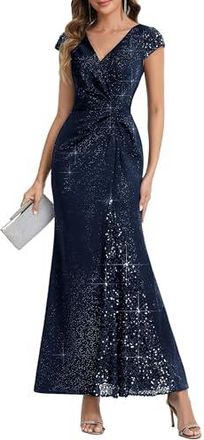 Ever-pretty Robe de Soir&eacute;e Chic Encolure en V Manches Courtes Tricot Maxi Robe Fourreau Bleu Marine 36