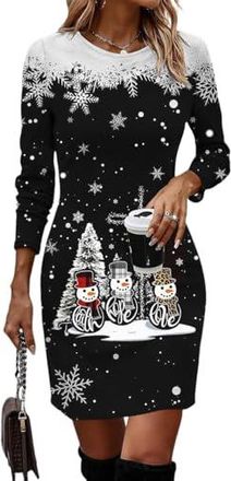 Onsoyours Robe De No&euml;l Femme Imprim&eacute; Pullover Manches Longues Col Rond Mini Flocons De Neige Motif El&eacute;gante Soir&eacute;e Portefeuille Slim Fit Costume Noel A02 Noir L