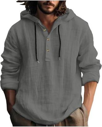 Generic Sweat &agrave; capuche pour homme en coton &agrave; manches longues et col boutonn&eacute; l&eacute;ger, respirant, confortable, doux, d&eacute;contract&eacute;, couleur unie, pull printemps 2