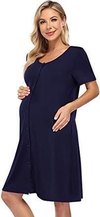 KOJOOIN Chemise de Nuit Femme Naissance Allaitement Coton Robe dallaitement Manches Courtes Robe de Nuit avec Patte de Boutonnage sur Toute la Longueur,Bleu f