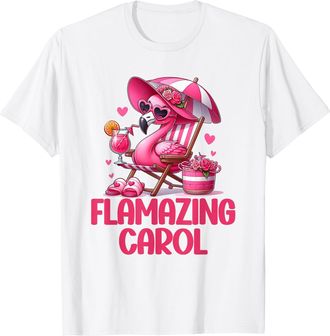 BDAZ Flamazing Carol Pink Flamingo Tropical Beach Scene Damen T-Shirt