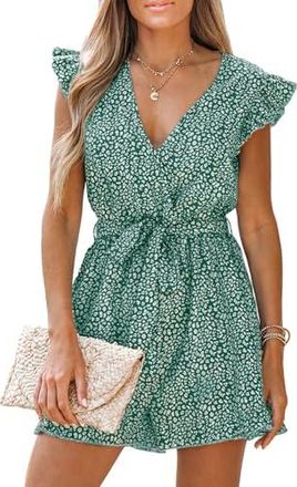 Cupshe Mini combinaison avec ceinture et col en V et imprim&eacute; floral pour femme, vert fonc&eacute;, Medium