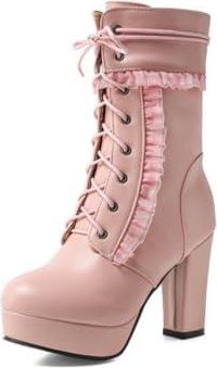 Generic Bottines Femmes Automne Hiver Nouvelles à Lacets Douces, Bottines Lolita à Talon Épais et Plate - Forme pour Cosplay & Quotidien,Rose,44 EU