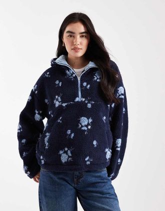 Daisy Street Manteau imitation peau de mouton avec col zippé - Bleu marine à petites fleurs-Multicolore