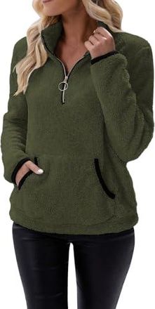 Generic Sweat-shirt en polaire pour femme avec fermeture éclair, manches longues, col montant 1/4, manteau avec poches, Vert, XXL