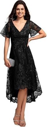 Ever-pretty Robe de Mariée pour Mère Broderie en Mousseline Col V Manches Courtes High Low pour Marigae Invités Noir 48