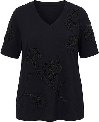 Ulla Popken T-Shirt T-Shirt Zierperlen Classic V-Ausschnitt Halbarm