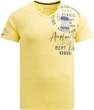 Camp David Herren T-Shirt V-Neck mit Used Prints und Patches Yellow Sun, XXXL