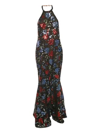 Marchesa robe dos nu &agrave; fleurs et sequins - Noir