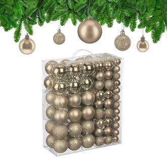 Relaxdays Weihnachtskugeln 138er Set, Kunststoff, glitzernde, Matte, glänzende Baumkugeln, Christbaumschmuck, Champagner