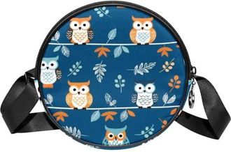 Generic Petit sac &agrave; bandouli&egrave;re circulaire pour femme, motif hiboux, feuilles, sac &agrave; dos avec fermeture &eacute;clair, bretelles r&eacute;glables, sac &agrave; main rond d&eacute;contrac