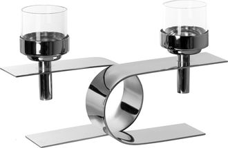 Fink 2-Armiger Teelichthalter 25x13 cm 2-FLG. Alu vernickelter Kerzenhalter inkl. Gl&auml;ser