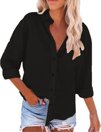 Generic Chemise &agrave; manches longues en lin pour femme - Printemps et &eacute;t&eacute; - Couleur unie - Coupe ample - Vacances - Plage - V&ecirc;tements sur l&eacute;paule, Noir, 4XL