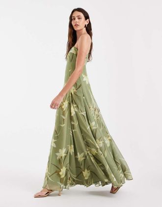 Asos Chiffon-Maxikleid mit Tr&auml;gern und tiefen Godets in gr&uuml;nem Blumenmuster-Multi