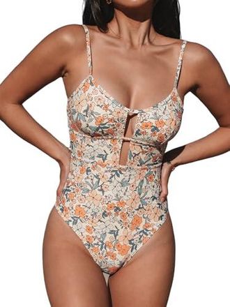 Cupshe Maillot de bain une pièce pour femme avec encolure dégagée, bretelles réglables, découpe dans le dos, maillot de bain à nouer soi-même, Jaune/Motif fl
