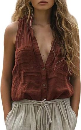 Generic Femmes Printemps Nouveau Vêtements Femmes Casual Loose Mode Sans Manches Coton Lin Couleur unie Col V Poche Gilet Gilet Sangle Un Top Cercle Parfait, 