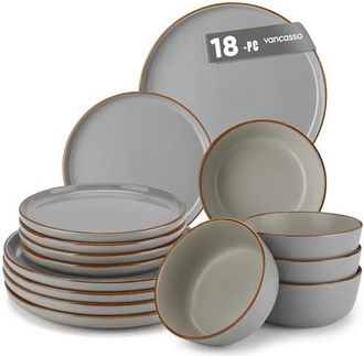 VANCASSO RENO Assittes Service de Table 6 Personnes, Service Vaisselle 18 Pi&egrave;ces en Gr&egrave;s - Assiettes Plates, Assiettes &agrave; Dessert et Bols - Adapt&eacute; au Micro-Onde