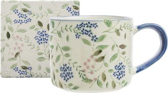 Tranquillo Set 2-teilig - Keramik-Tasse & Untersetzer VINTAGE GARDEN Blue f&uuml;r Kaffee, Tee, Kakao, Cappuccino Kaffeebecher aus Steingut - 400 ml, Untersetzer - 10