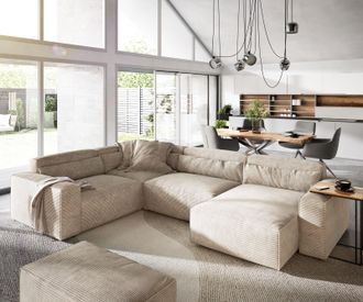DELIFE Wohnlandschaft Sirpio 300x210 cm Cord Beige Recamiere variabel mit Hocker, Wohnlandschaften