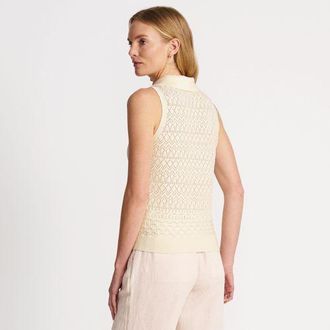 Lands End Ärmelloser Lochmuster-Pullover mit Polokragen, Damen, Größe:48-50 regular, Weiß, Baumwolle/Viskose, by Lands End