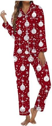 Generic Ensemble de pyjama de No&euml;l pour femme avec poche boutonn&eacute;e et manches longues, Rouge, XXL