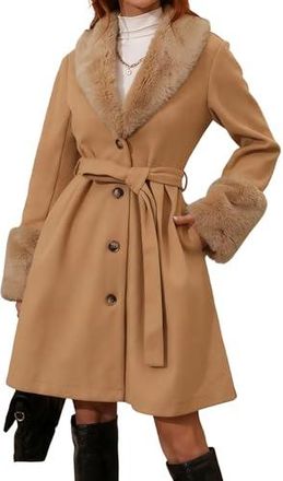 Generic Womens Peacoat Jacket Fall Winter Coat Elegant Notched Lapel Single Breasted Trench Coat with Faux Fur Collar Khaki Small