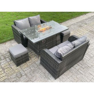 Fimous Fimous Rattan Outdoor Gartenmöbel Gas Feuerstelle Esstisch Sets Gasheizung Love Sofa Kleine Hocker Sets 6 Sitzer