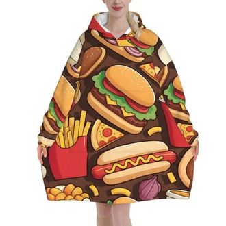 Generic Couverture &agrave; capuche chaude et portable, couverture surdimensionn&eacute;e en flanelle douce &agrave; motif Fast Food avec capuche et poche, parfaite pour se d&eacute;tend