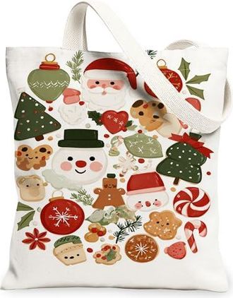 Generic Sacs fourre-tout en toile de No&euml;l, motifs festifs, sacs d&eacute;picerie r&eacute;utilisables, vintage l&eacute;gers et lavables en toile pour, blanc, 13x15 Inch