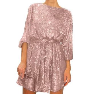Generic Robe &agrave; paillettes &agrave; manches longues pour femme, rose, XXL