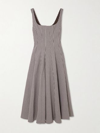Staud Wells Midikleid Aus Popeline Mit Gingham-karo Und Falten - Braun