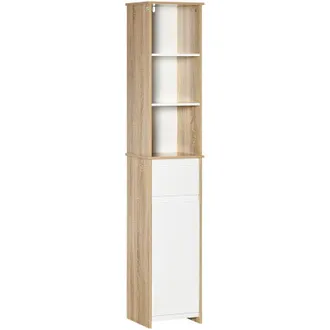 Kleankin Meuble Colonne Rangement Salle de Bain Style Cosy 3 niches tiroir Placard avec &eacute;tag&egrave;re Blanc Aspect ch&ecirc;ne Clair-Blanc, Bois naturel