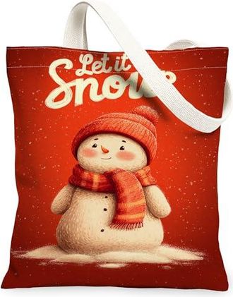 Generic Sacs fourre-tout en toile motif bonhomme de neige dhiver, sacs de courses r&eacute;utilisables, festifs, l&eacute;gers et lavables, Rouge, 13x15 Inch