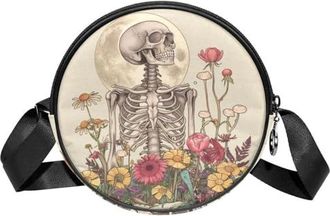 Generic Petit sac &agrave; bandouli&egrave;re rond pour femme, motif fleurs squelettes avec fermeture &eacute;clair, bretelles r&eacute;glables, sac &agrave; main rond d&eacute;contract&eacute; pour femmes e