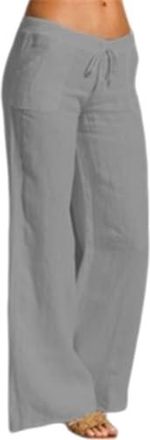 Generic Pantalon palazzo fluide en coton et lin pour femme avec cordon de serrage et taille &eacute;lastique avec poches, gris, XL
