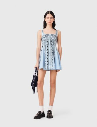 Maje Robe Courte Brod&eacute;e En Lin M&eacute;lang&eacute; - Bleu - Maje