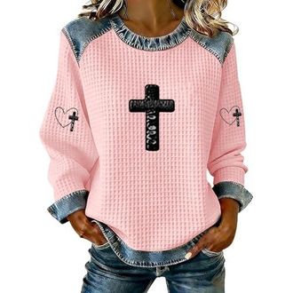 Generic Sweats chr&eacute;tiens pour femmes surdimensionn&eacute;s en tricot gaufr&eacute; denim patchwork sweatshirt religieux foi croix chemises graphiques vintage col rond cout