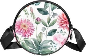 Generic Petit sac &agrave; bandouli&egrave;re circulaire pour femme, motif feuilles florales, sac &agrave; dos avec fermeture &eacute;clair, bretelles r&eacute;glables, sac &agrave; main rond d&eacute;contra