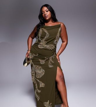 Asos Curve ASOS DESIGN Curve - Robe longue ornement&eacute;e &agrave; superposition avec jupe drap&eacute;e et taille basse - Kaki-Vert